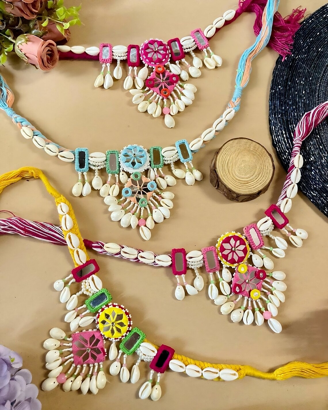 Mirror Work & Cowrie Shell Jewelry Set - Choker Necklaces, Earrings ...