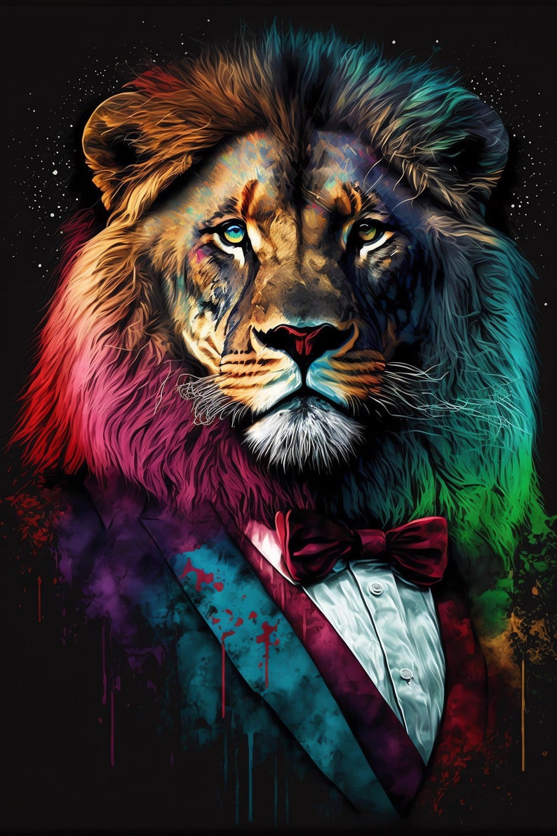 Colorful LION in TUXEDO Portrait. Vibrant Poster of Lion in Classy ...