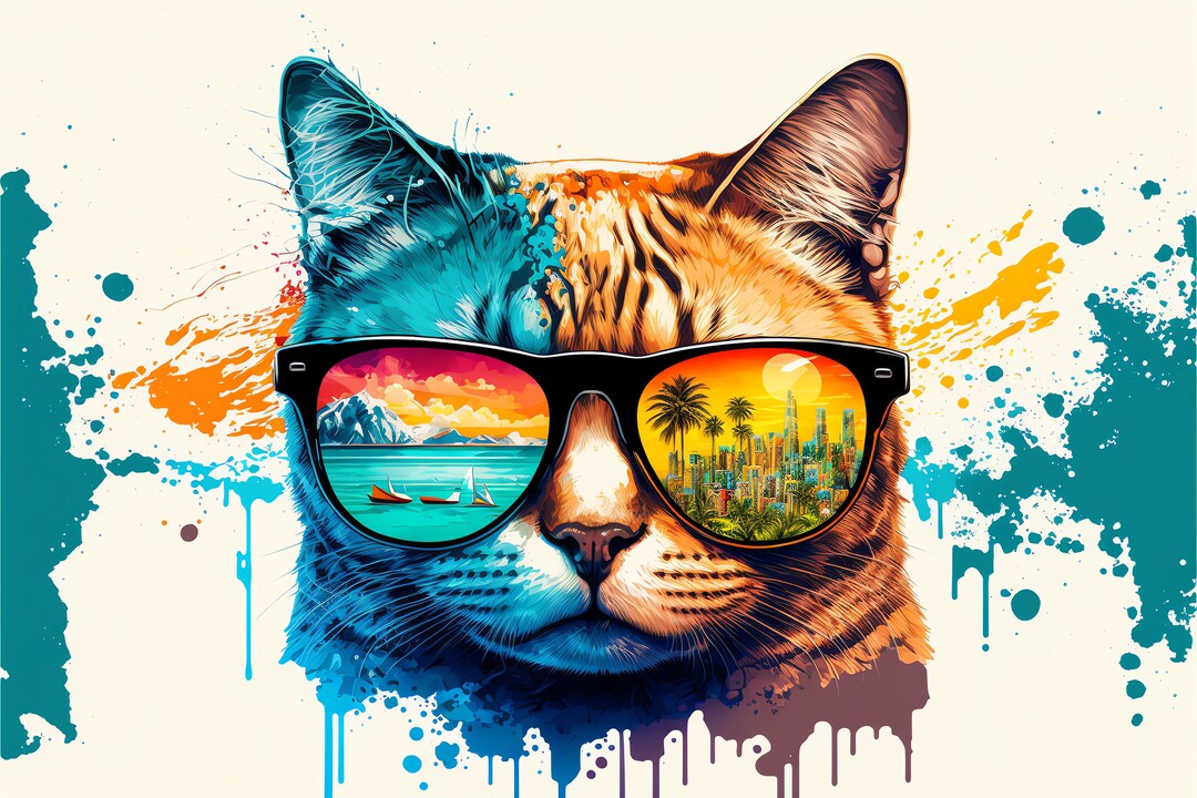 Cool Cat Portrait Art Print - Pop Art Kitten in Sunglasses (digital ...