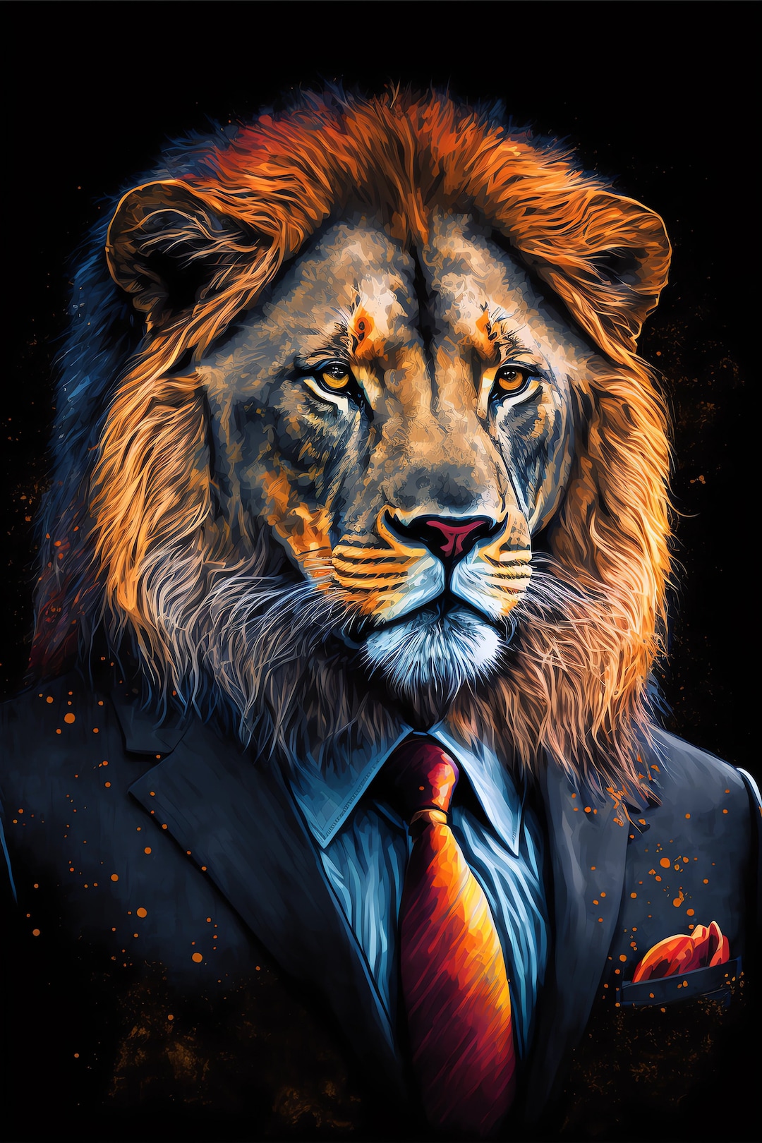 Colorful LION in SUIT Portrait Print. Vibrant Poster of Majestic Lion ...