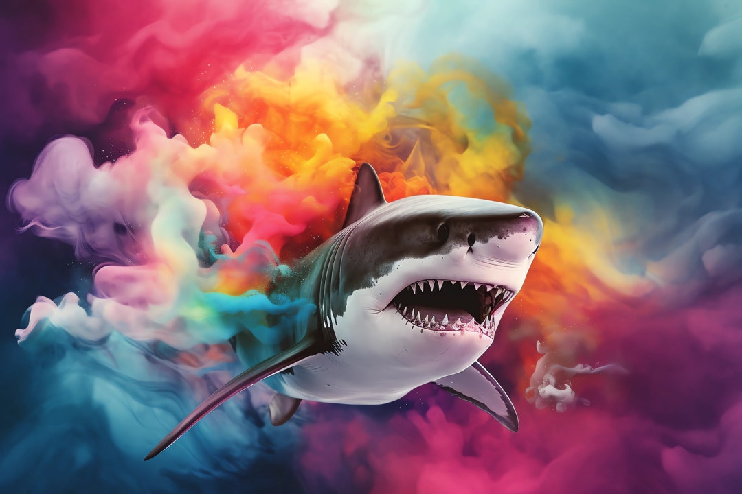 Colorful SHARK Print. Furious Shark Portrait Poster. Nautical Life ...