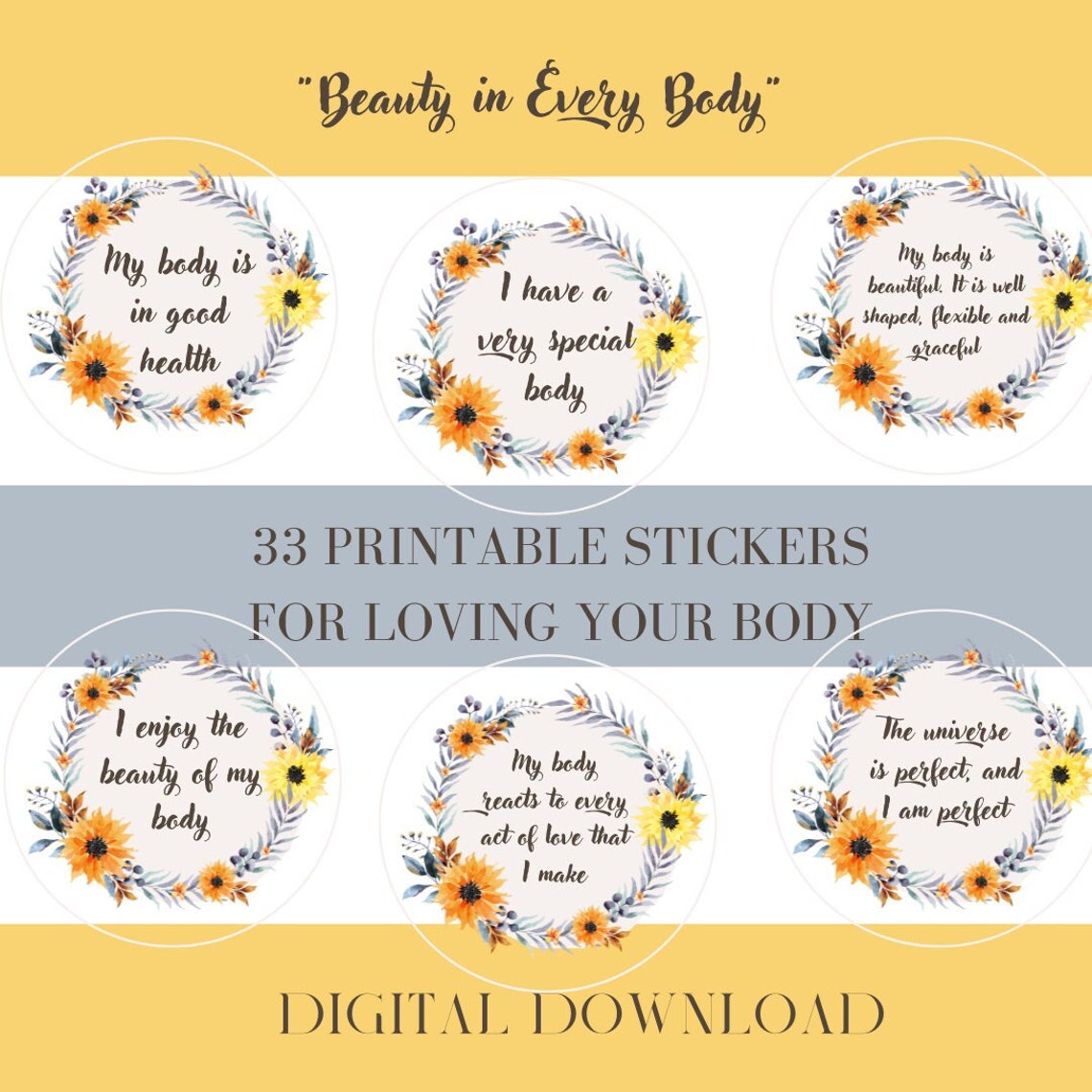 33 Positive Body Affirmations,self-love Printable Stickers,digital ...