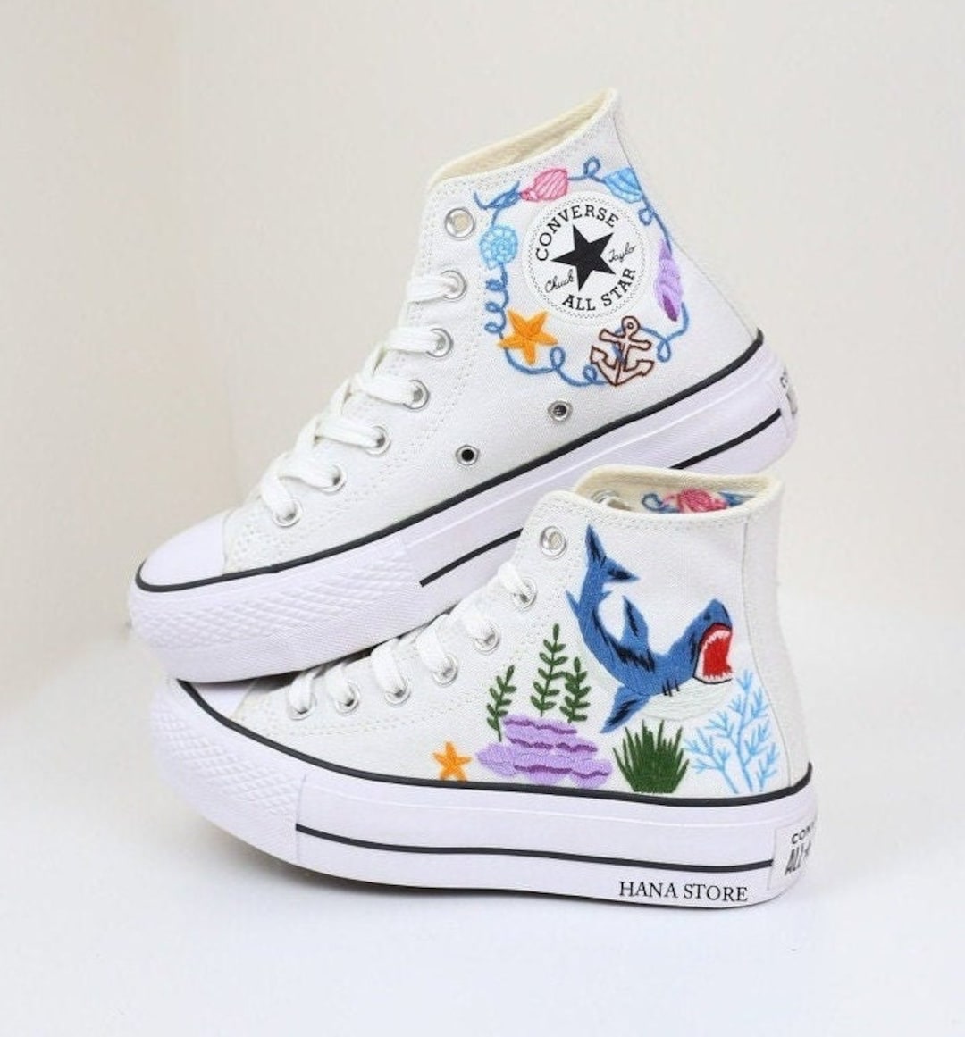 Custom Embroidered Converse Platform Sneakers: Shark Ocean Design - Etsy
