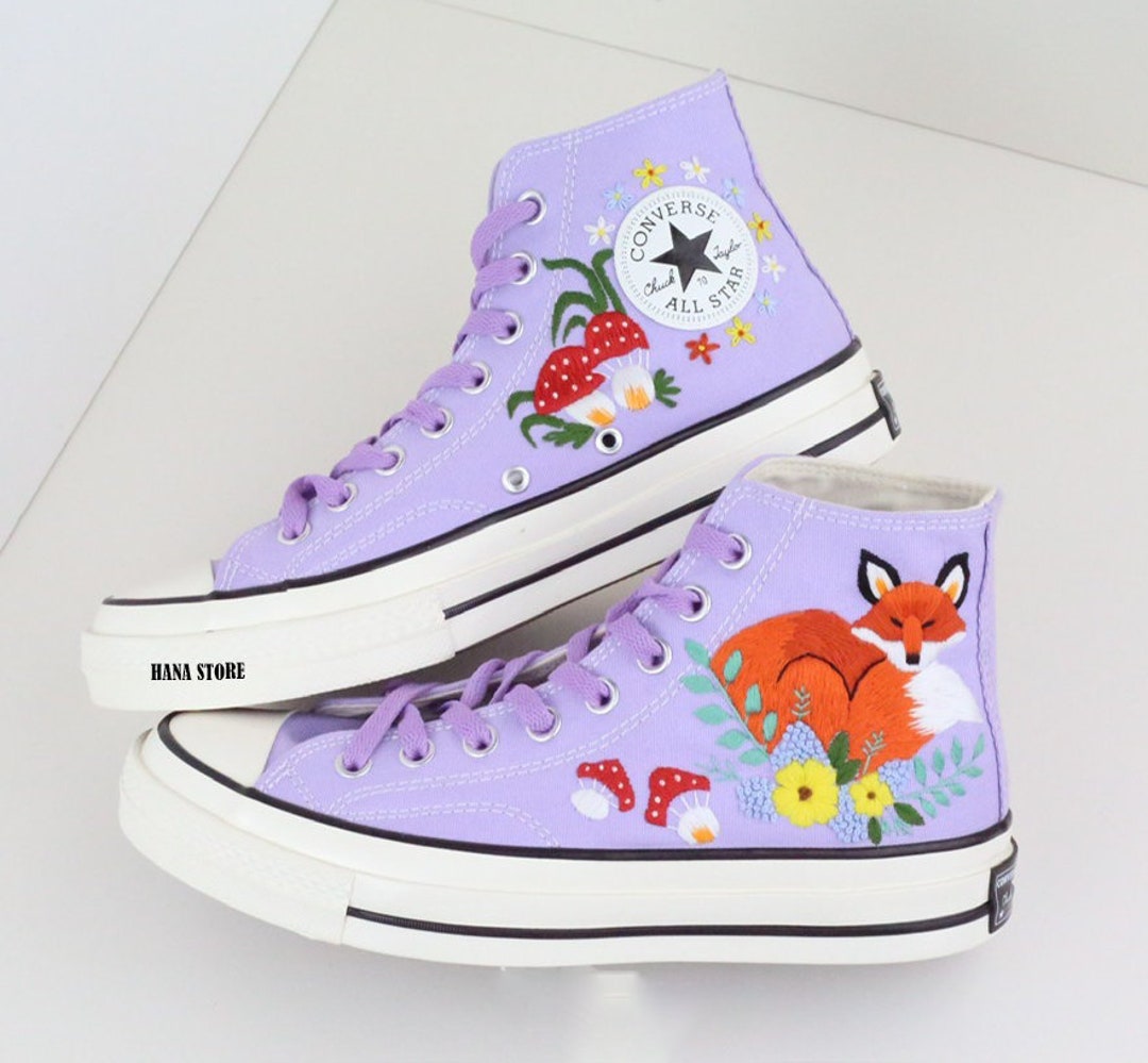Embroidered Converse High Tops Fox Mushroom and Purple Leaves/custom ...