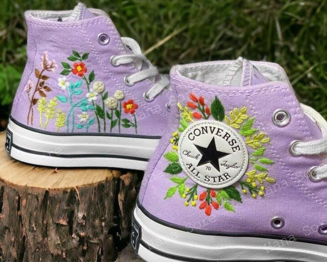 Custom Embroidered Converse High Tops/ Flower and Colorful Leaves ...
