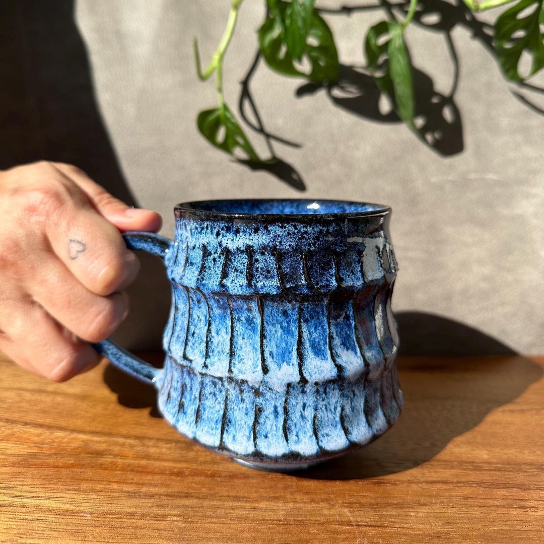 Handmade Christmas Tree Ceramic Mug • Blue Textured Pottery (13.5 Oz ...