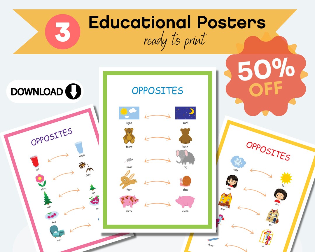 Educational Posters Set of 3, Learning the Opposites, Homeschool Prints ...