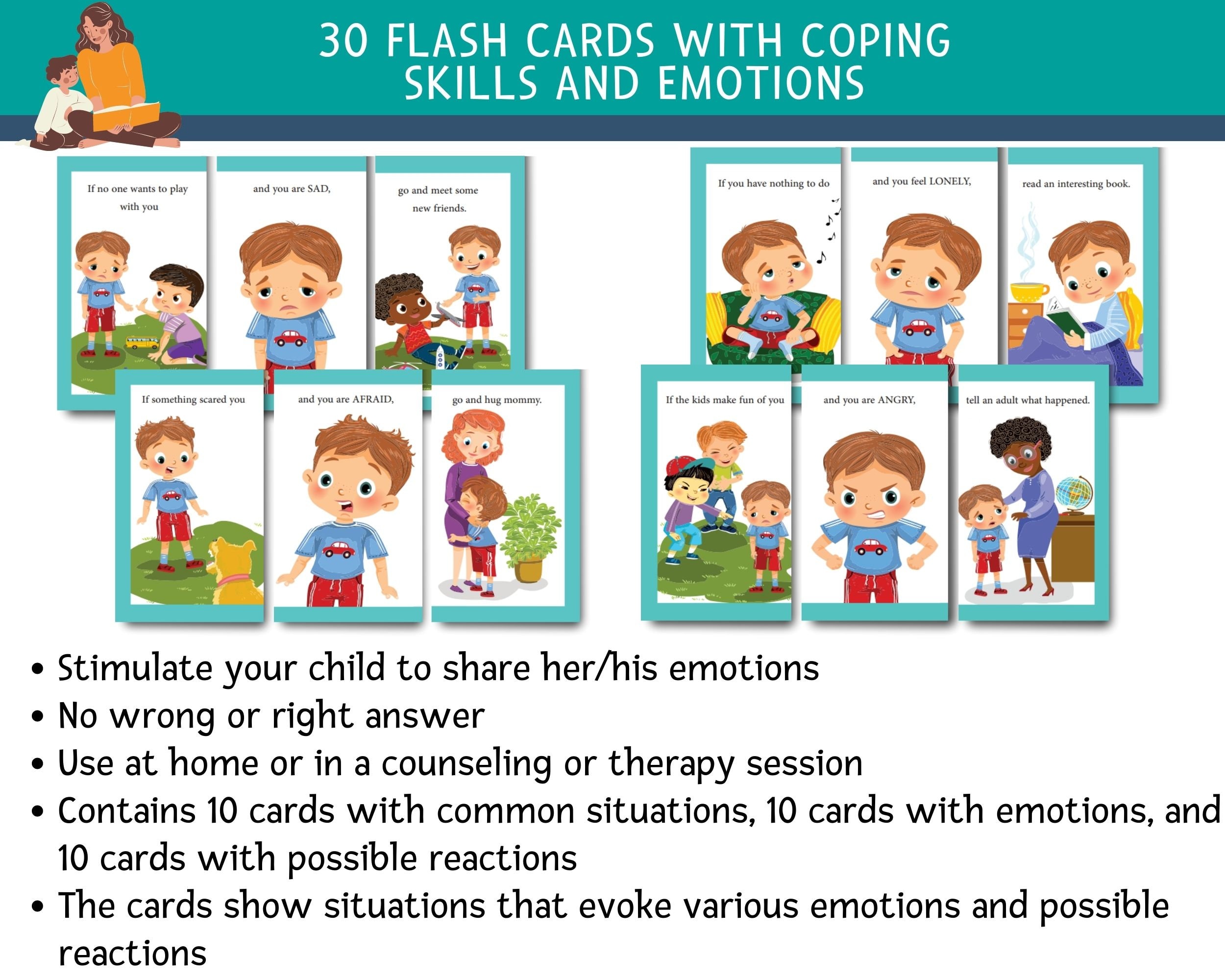 Emotions Bundle, Coping Skills Flash Cards, Feelings Wheel Chart With ...