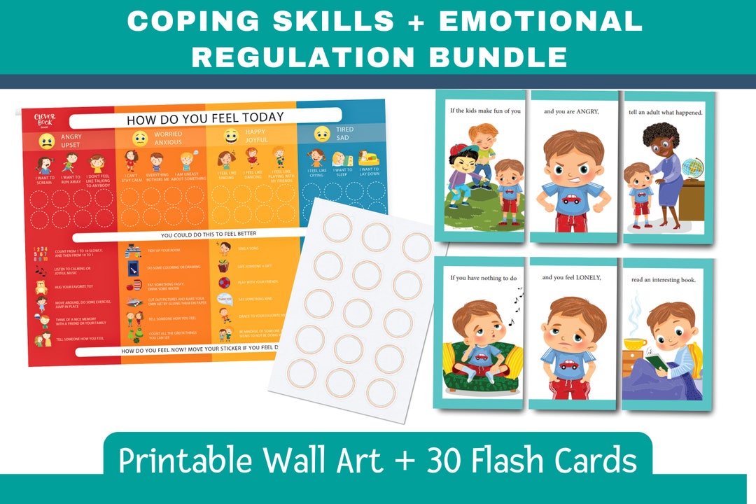 Coping Skills Bundle for Kids, 30 Flash Cards, Poster - Emotional ...