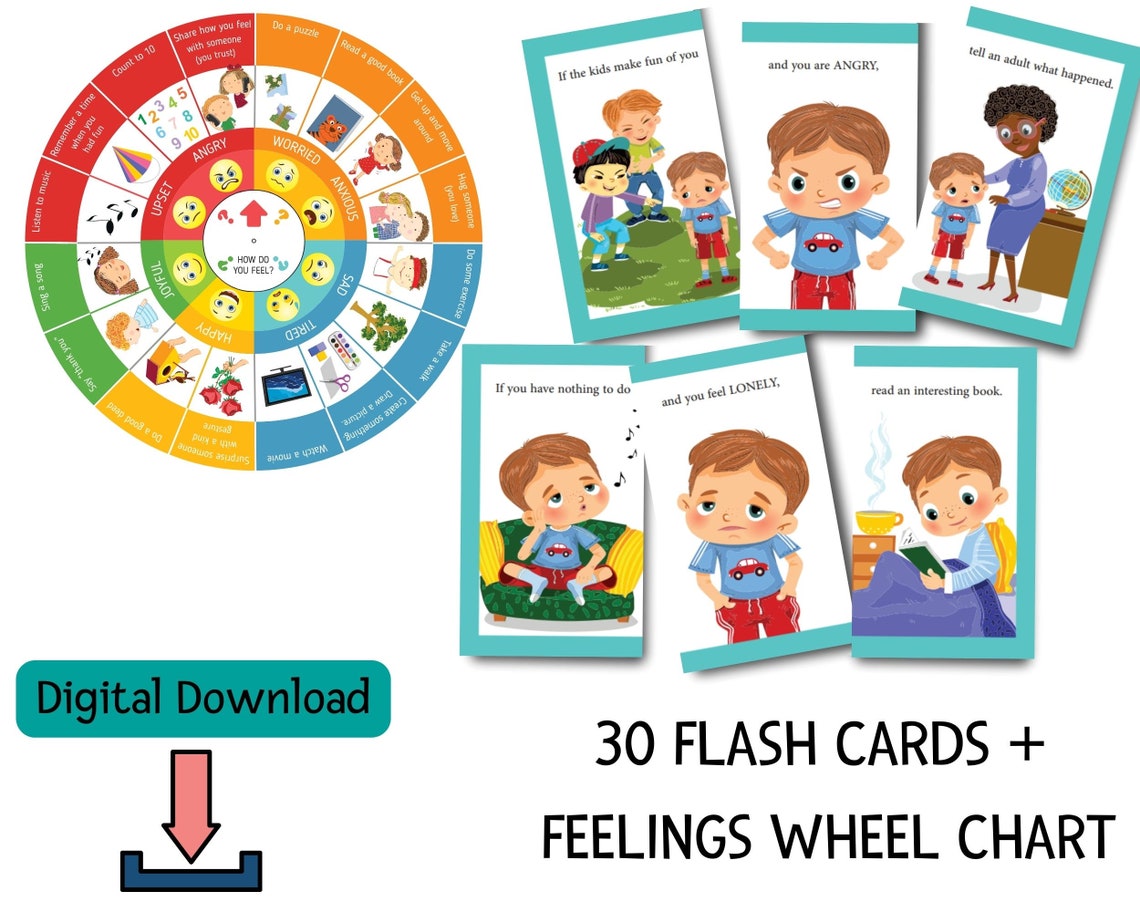 Emotions Bundle, Coping Skills Flash Cards, Feelings Wheel Chart With ...