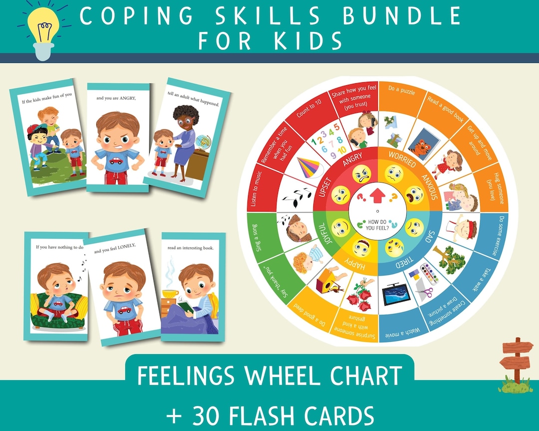 Emotions Bundle, Coping Skills Flash Cards, Feelings Wheel Chart With ...