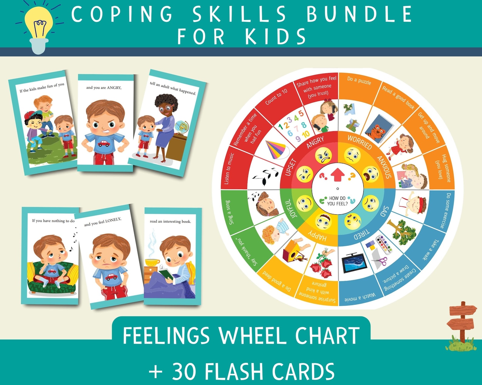 Emotions Bundle, Coping Skills Flash Cards, Feelings Wheel Chart With ...