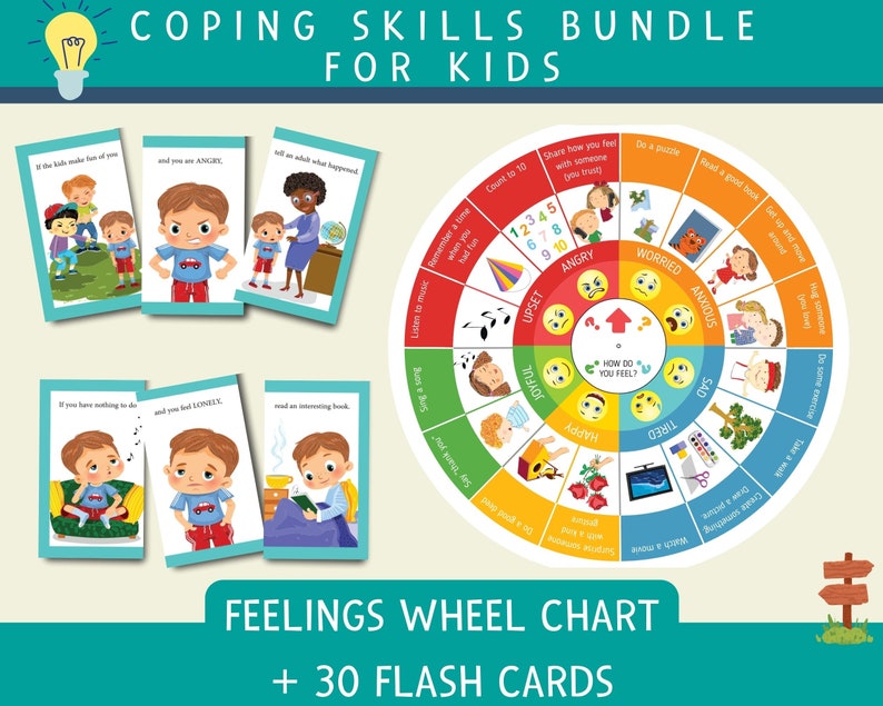 Emotions Bundle, Coping Skills Flash Cards, Feelings Wheel Chart With ...