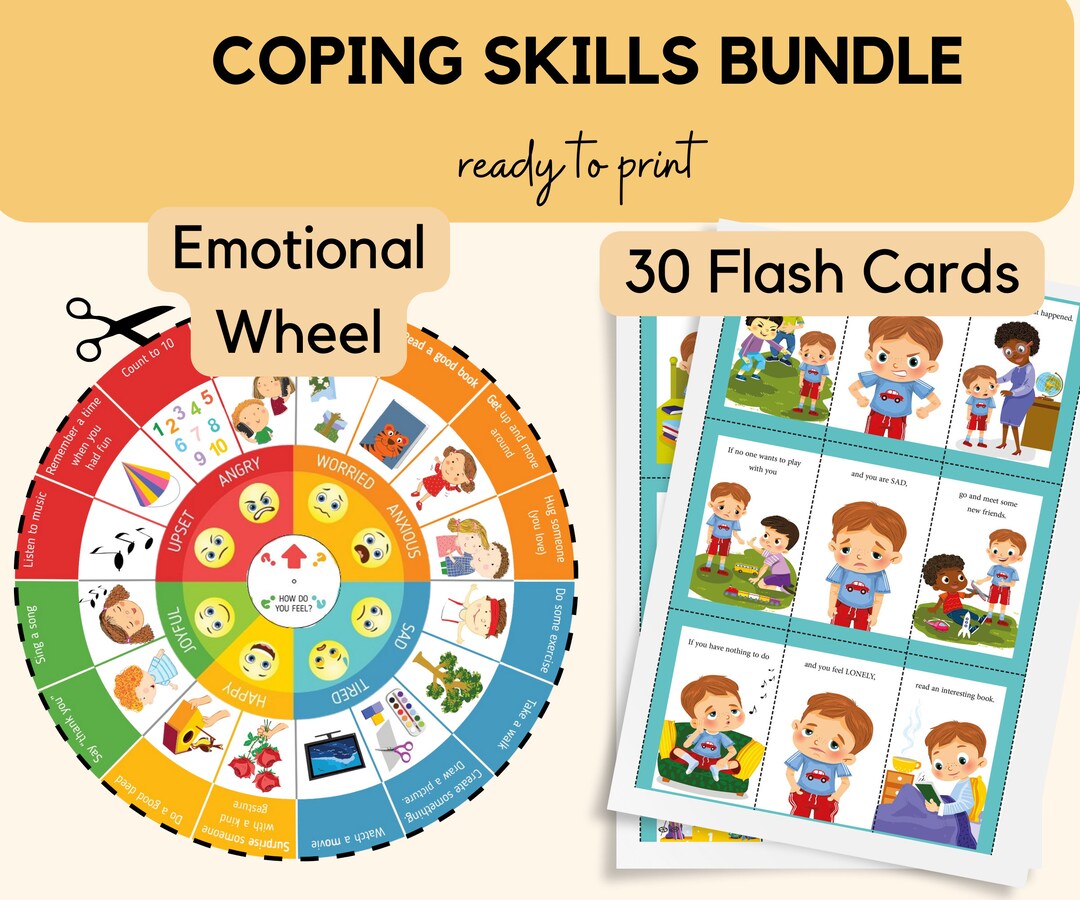 Emotions Bundle Coping Skills Flash Cards Feelings Wheel - Etsy