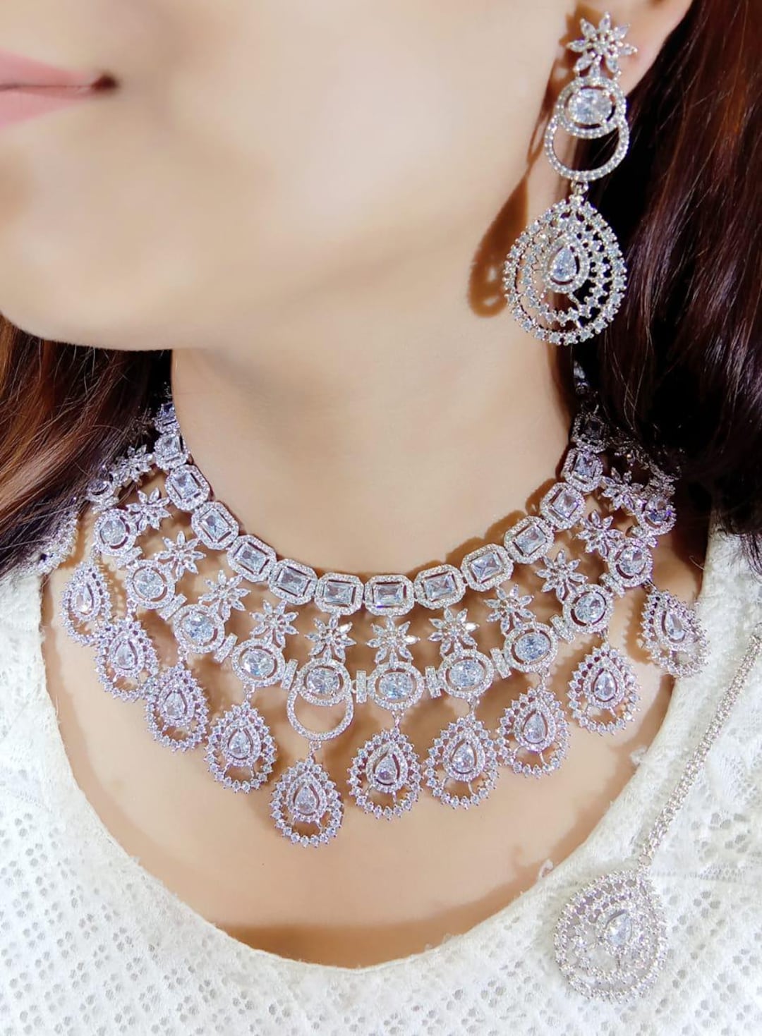 Indian Bollywood Bridal Set Silver Plated Necklace Earrings Ethnic AD ...