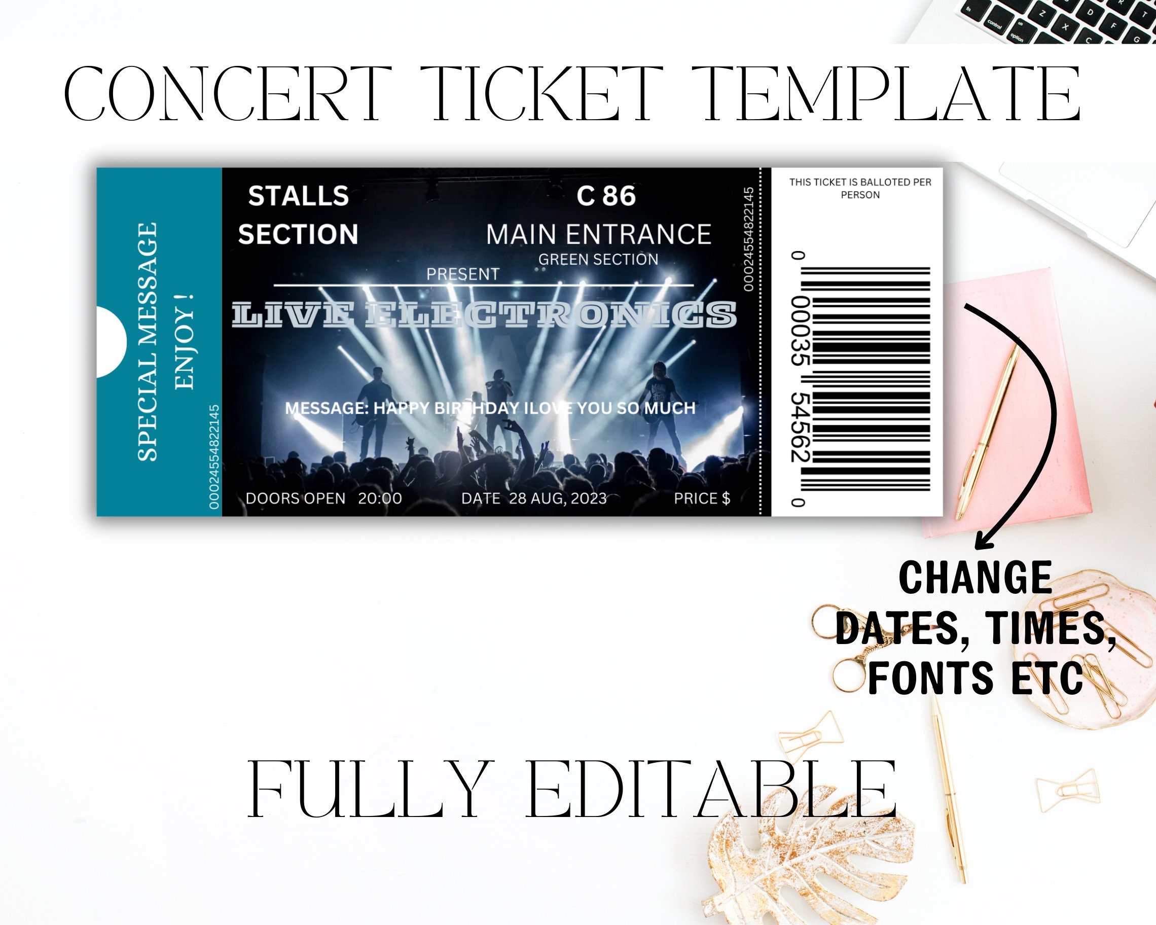 Editable Concert Ticket Template, Ticket Bundle, Event Ticket, Custom ...