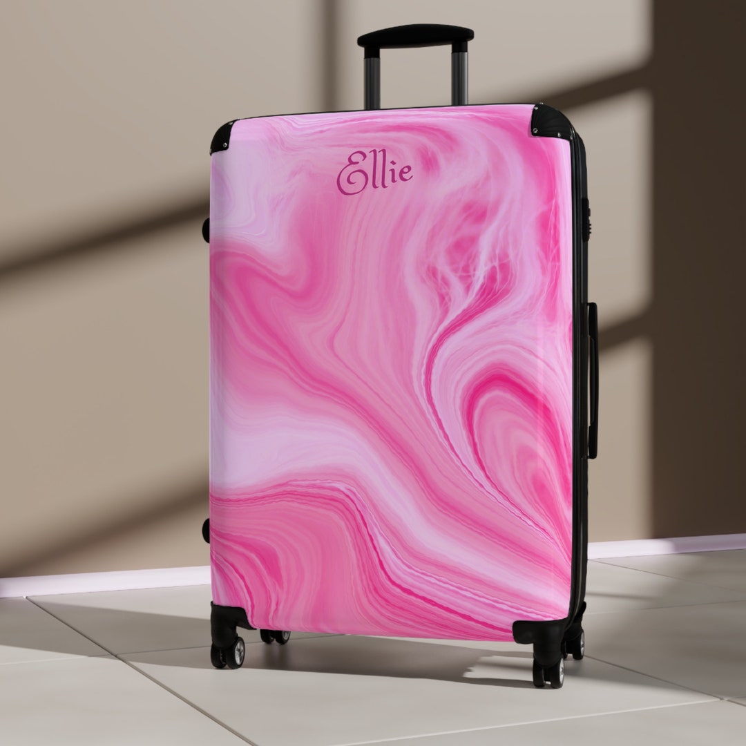 Girls Suitcase on Wheels - Marble Pink Suitcase for Women Custom Name ...
