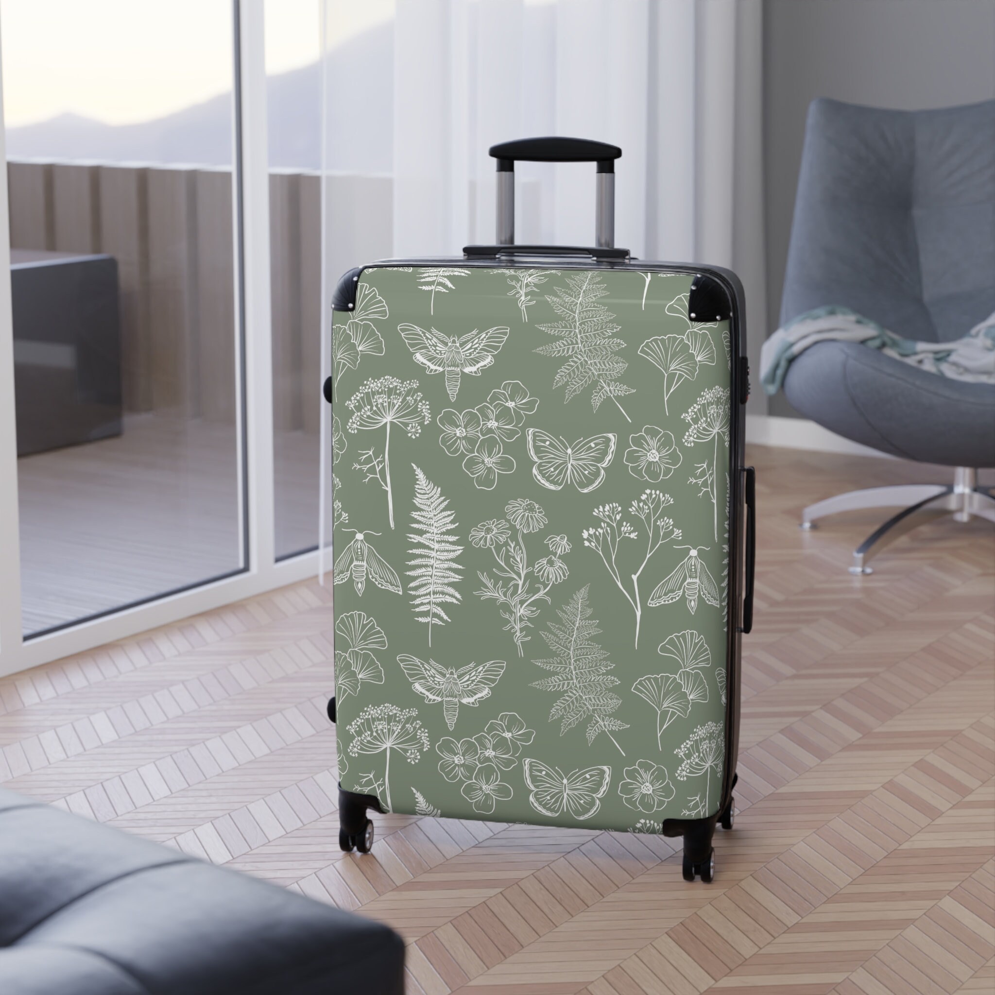 Sage Green Travel Suitcase for Women - Cute Botanical Moth Suitcase on ...