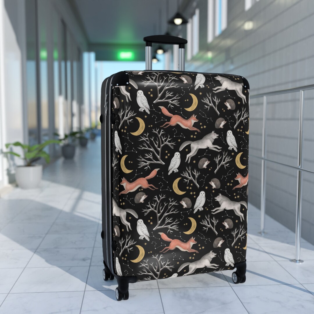 Suitcase on Wheels - Black Winter Woodland Fox Luggage Wolf Moon ...