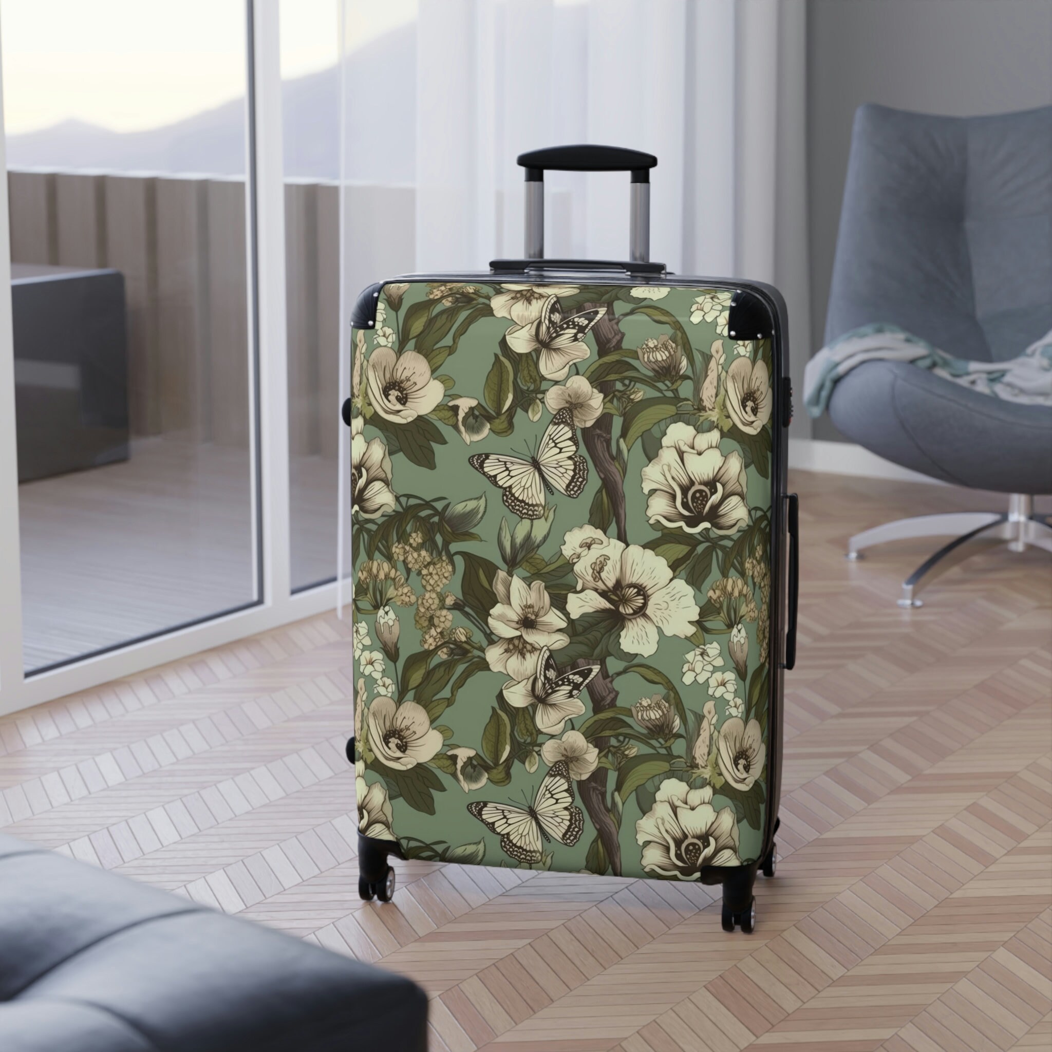 Floral Suitcase in 3 Sizes, Sage Green Suitcase, Butterfly, Luggage Set ...