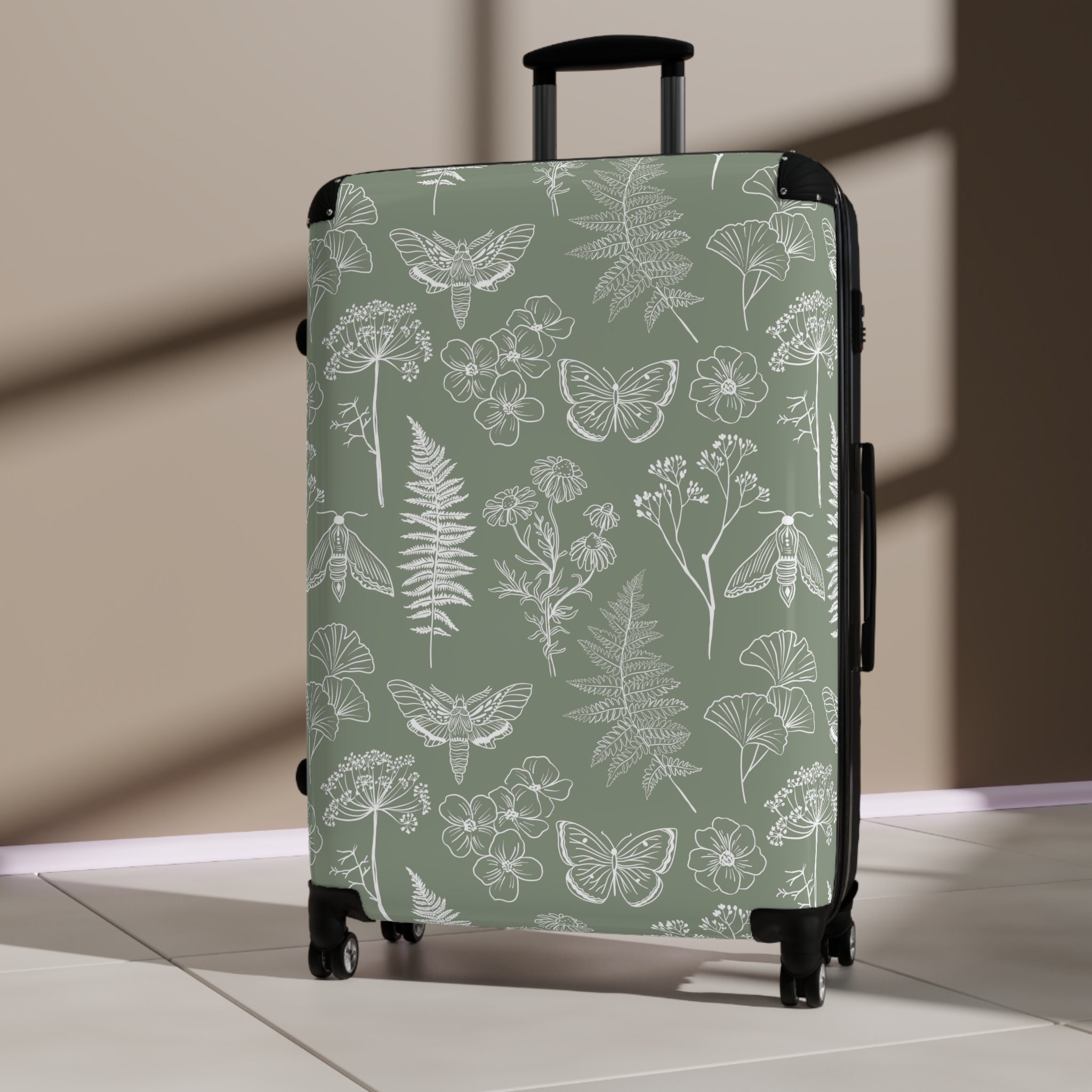 Sage Green Travel Suitcase for Women - Cute Botanical Moth Suitcase on ...