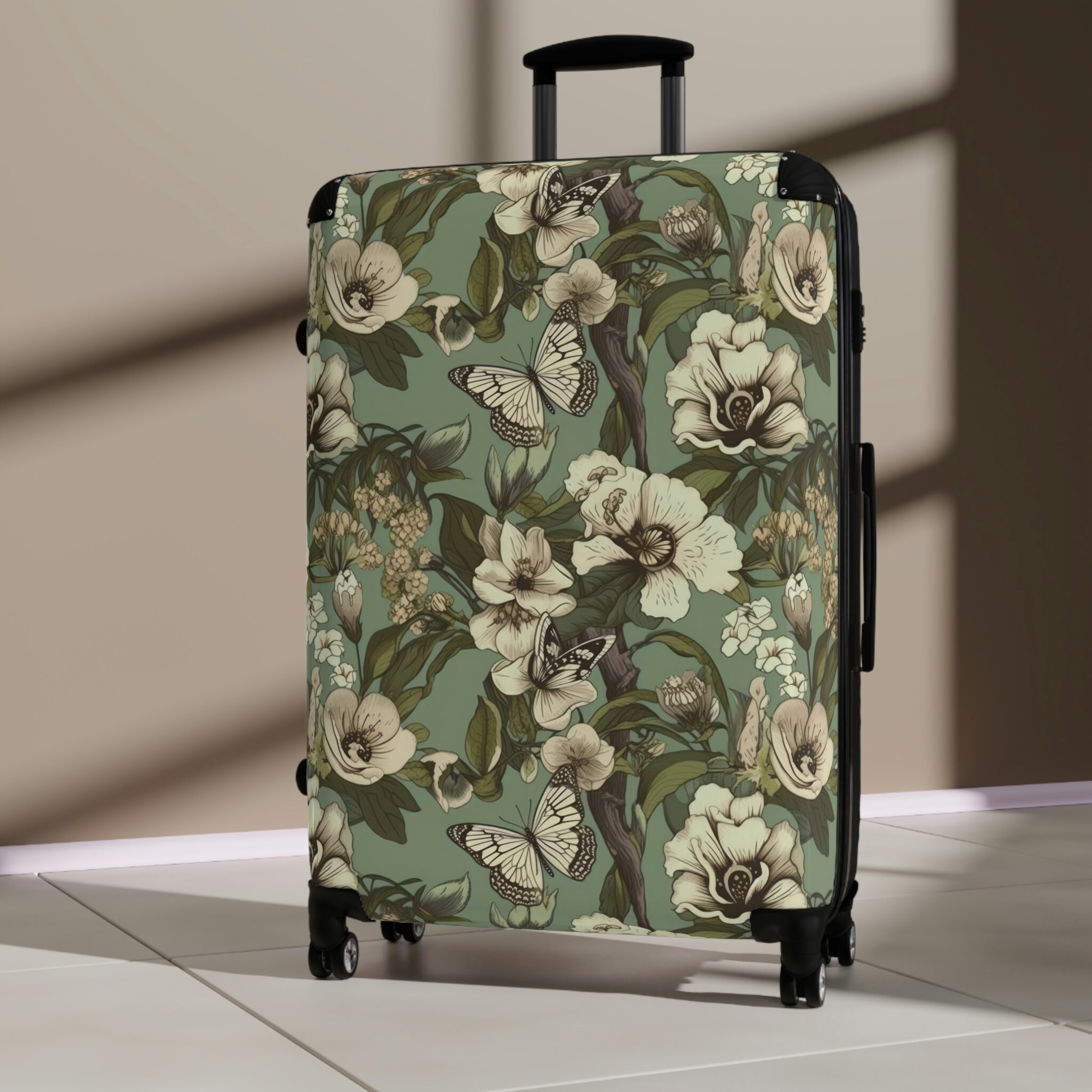Floral Suitcase in 3 Sizes, Sage Green Suitcase, Butterfly, Luggage Set ...