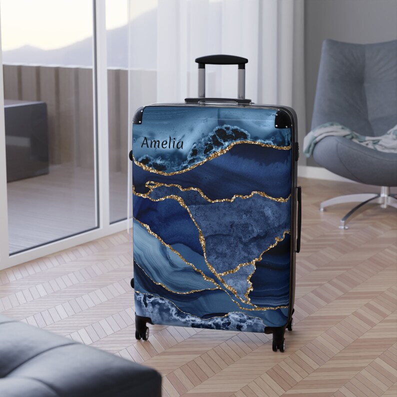 Blue Suitcase Personalized Marble Luggage Geode Agate Travel - Etsy