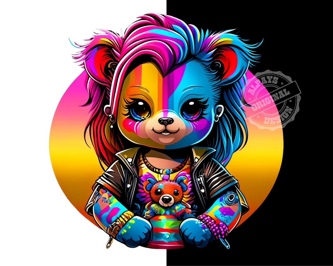 Punk Rock Teddy Bear PNG, Colorful DTF Shirt Design (digital Download ...