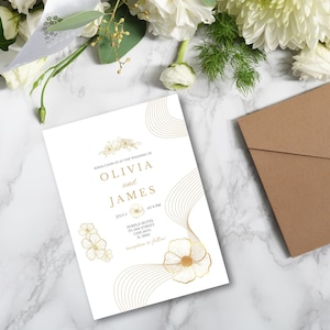 Gold Flower Wedding Invitation Template, Editable Digital Invite - Etsy