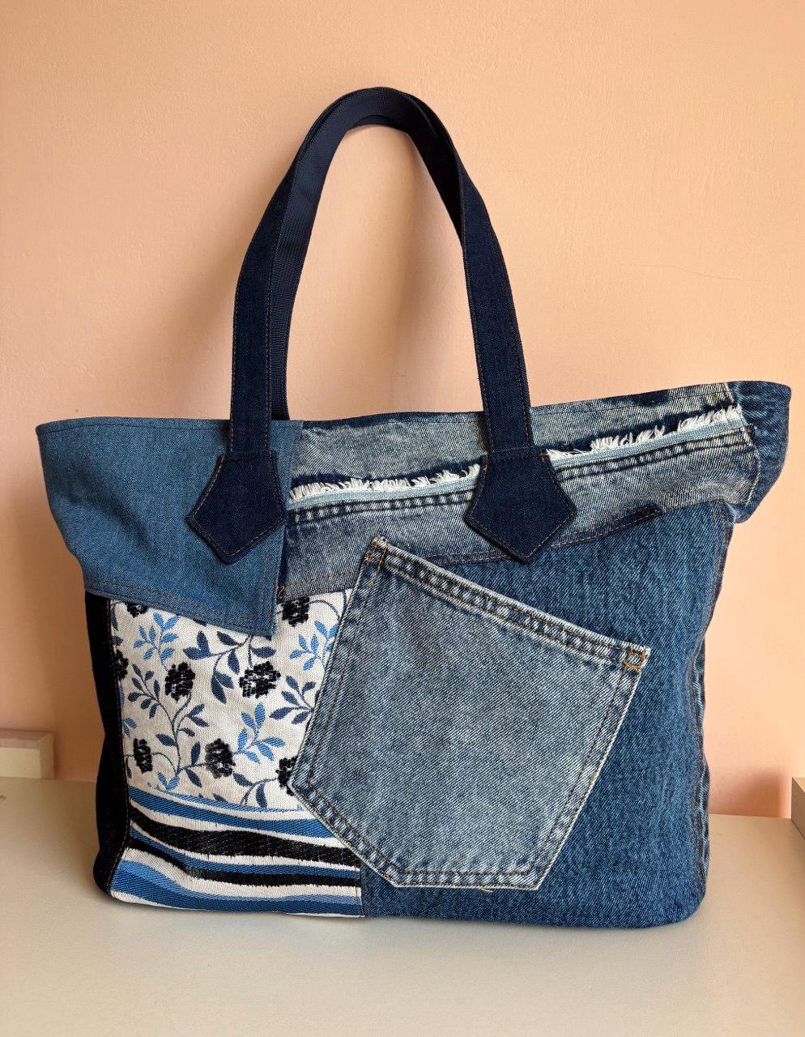Denim Bag, Upcycled Denim Bag, Handmade Bag, Tote Bag With Zipper - Etsy