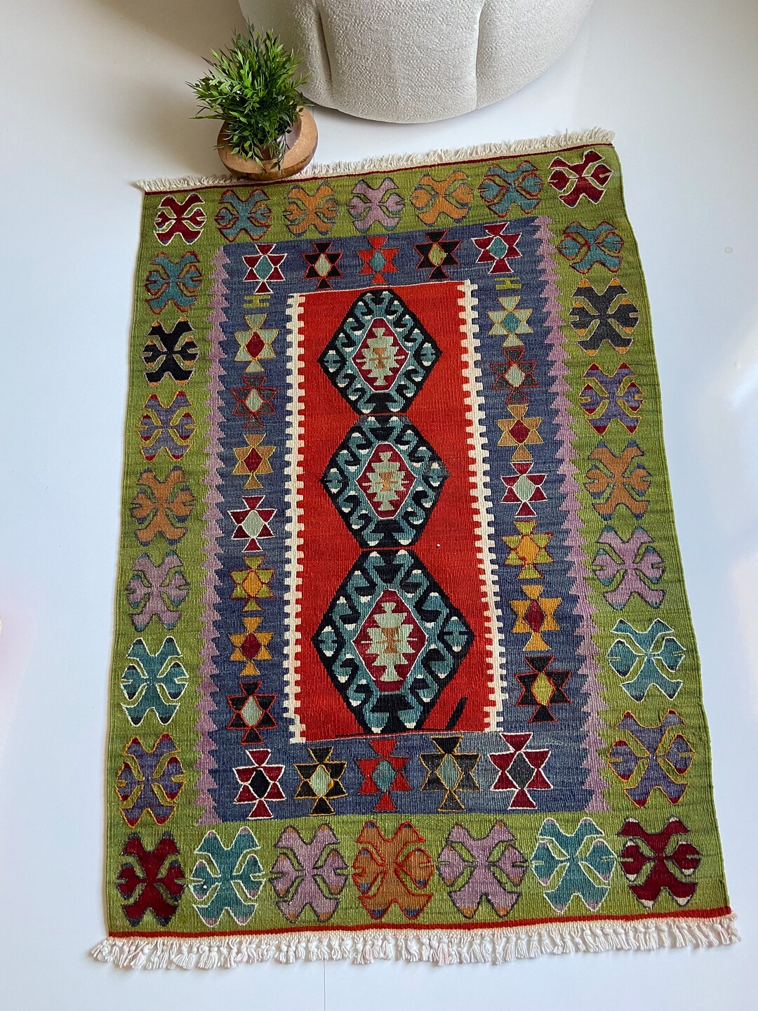 3x4 Green Turkish Kilim Rug, Vintage Geometric Rug, Boho Rug Modern ...