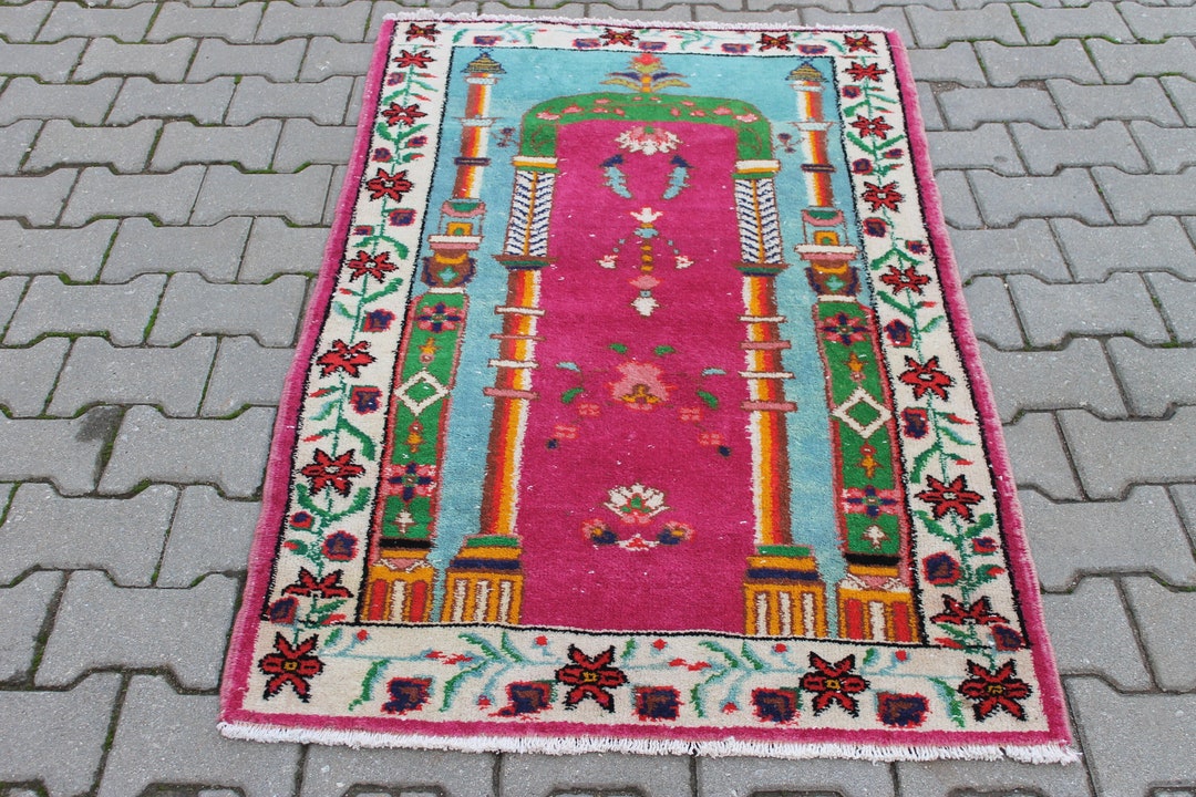 Pink Turkish Prayer Rug, 3x5 Small Pink Rug, Area Rug, Handwoven Rug ...