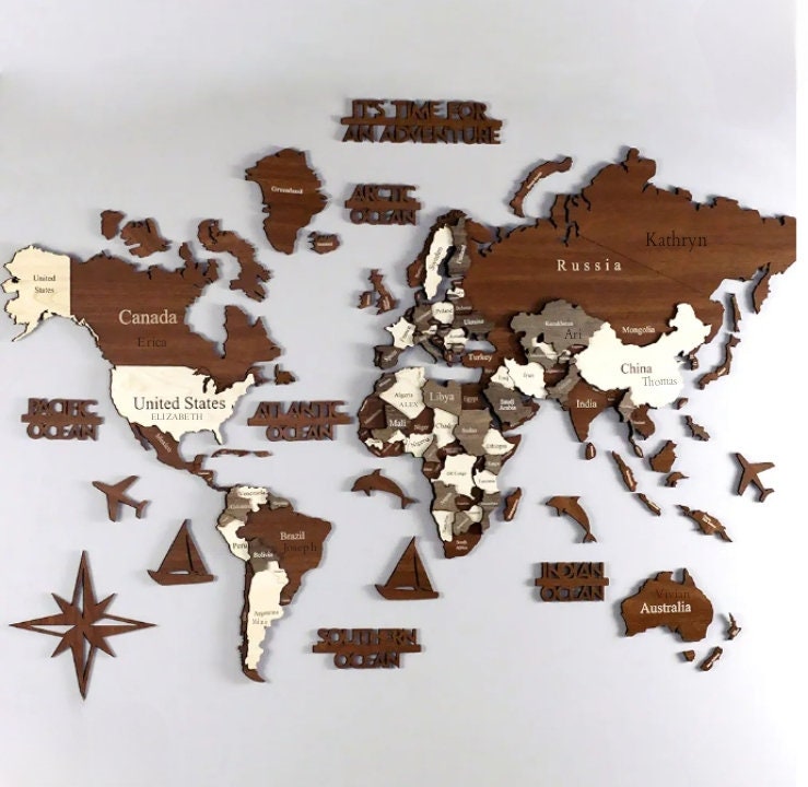 Custom Wooden 3D World Map Family Tree Wall Art Decor Hand Laser ...