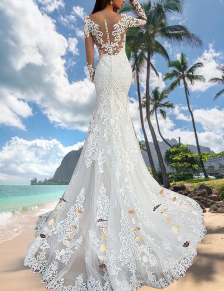 Seashell Mermaid Wedding Dress L Hand Embroidered L Starfish L Ariel L ...