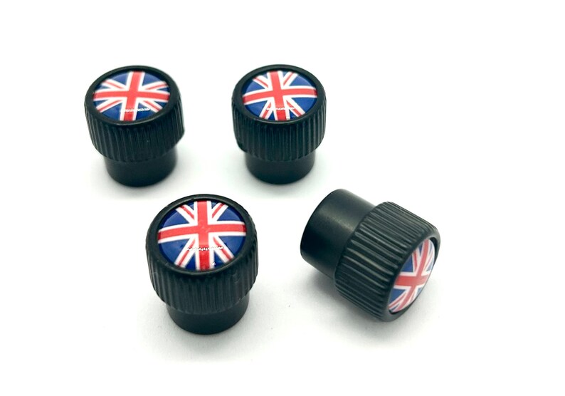 4 Mini UNION JACK Black Metal Tyre Valve Dust Wheel Air Caps DIY Cooper ...