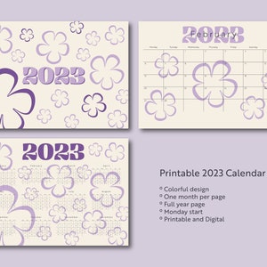2023 Calendar Purple Flowers Printable Digital PDF Monday Start A4 ...