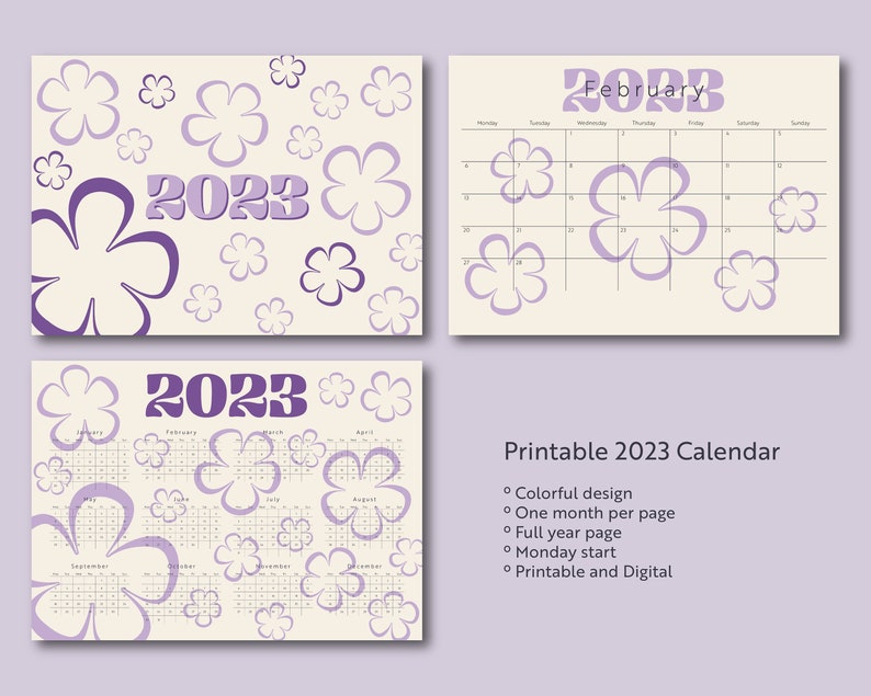 2023 Calendar Purple Flowers Printable Digital PDF - Etsy