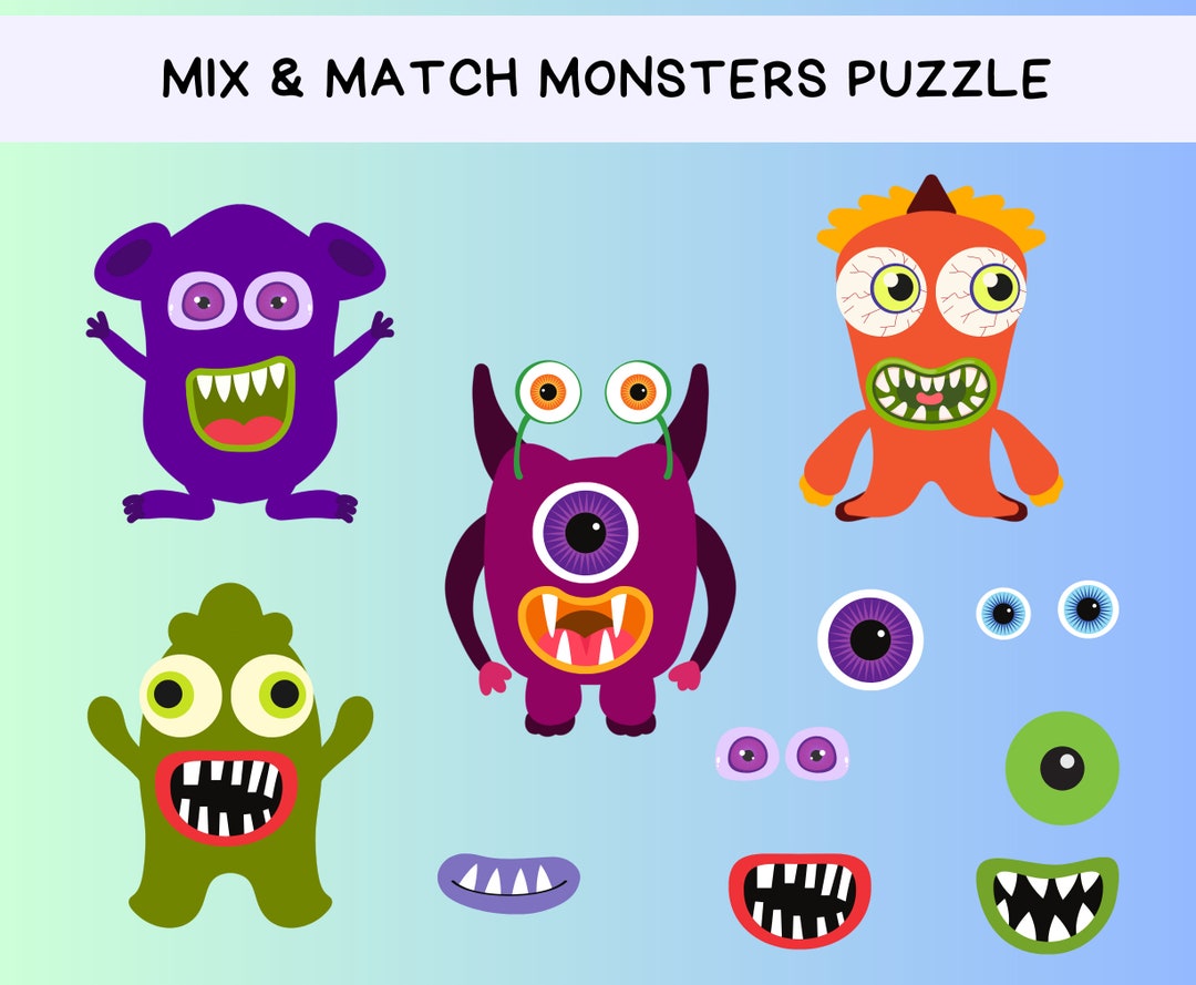 Monster Mix and Match Game Puzzle, Matching Kids Activity, Preschool ...