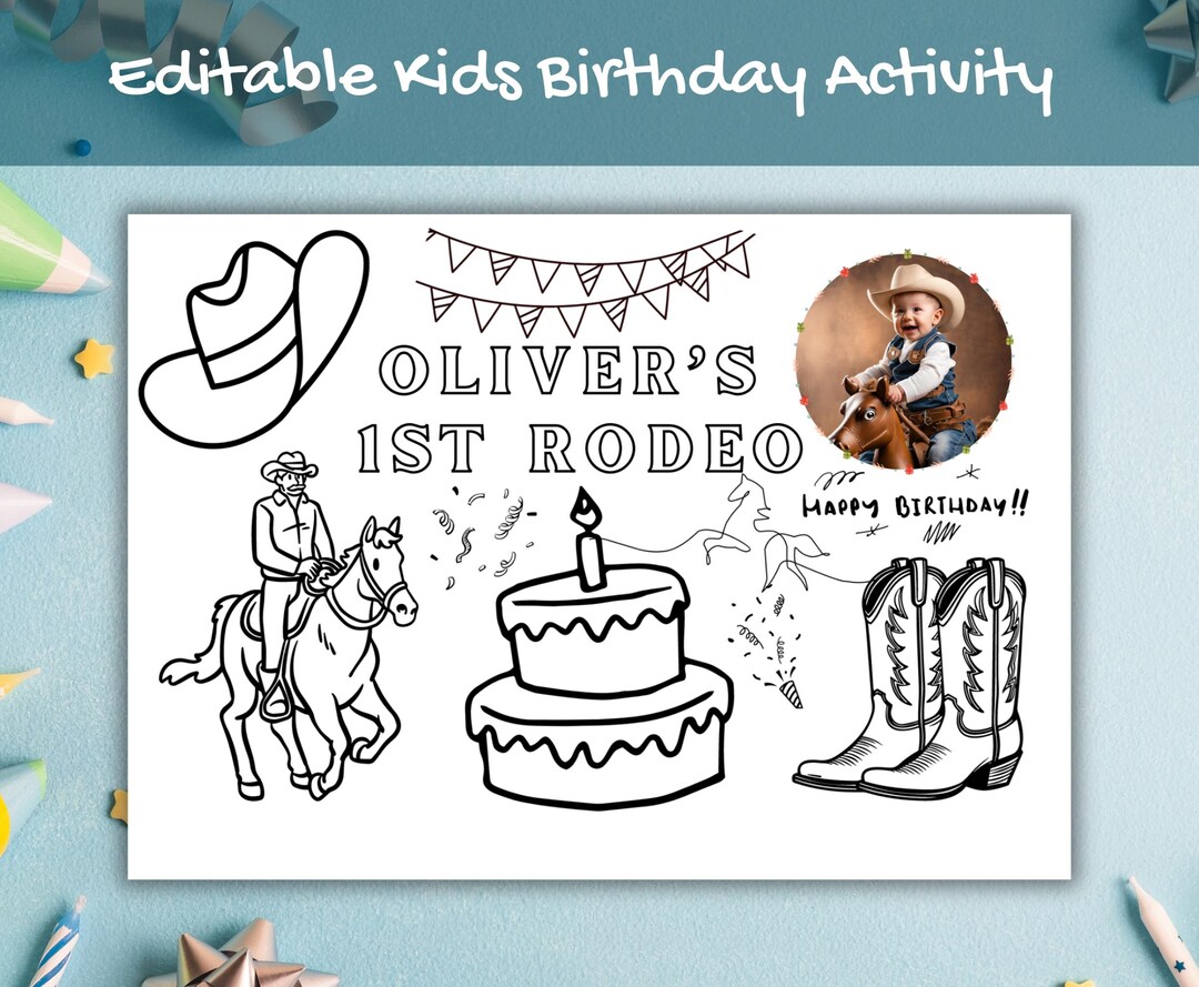 First Rodeo Coloring Sheet, Birthday Party Kids Name Activity Page ...