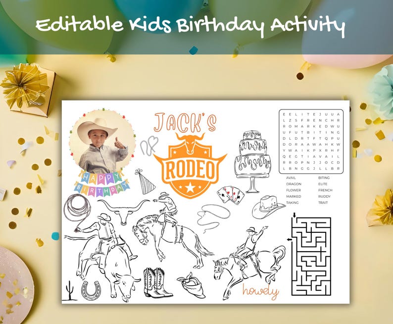 First Rodeo Coloring Sheet, Birthday Party Kids Name Activity Page ...