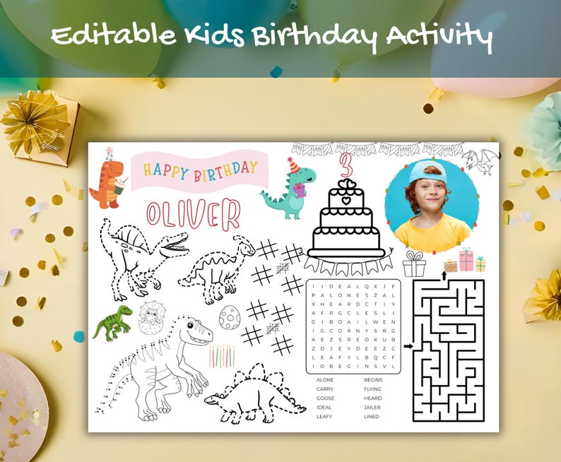 Personalized Dinosaurs Kid Birthday Activity Placemat, Birthday Kids ...