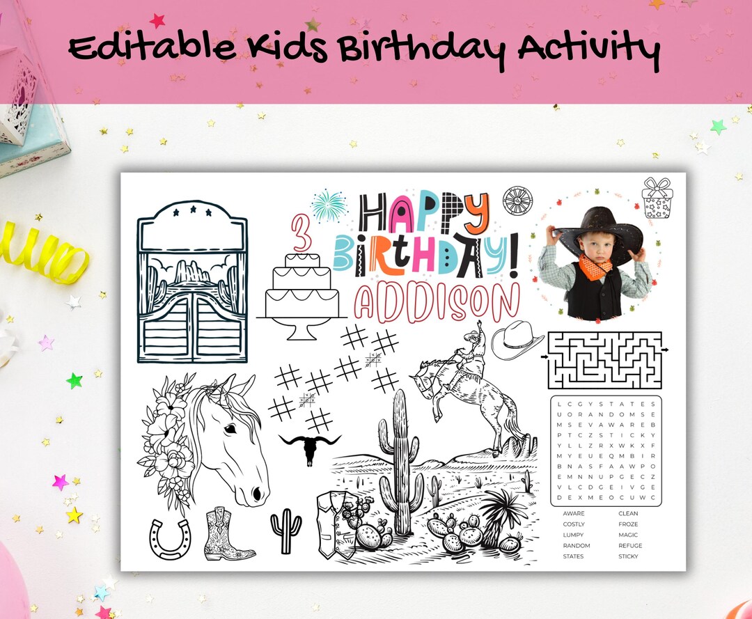 Cowboy Party Kids Name Coloring Activity Sheet Placemat, Rodeo Birthday ...