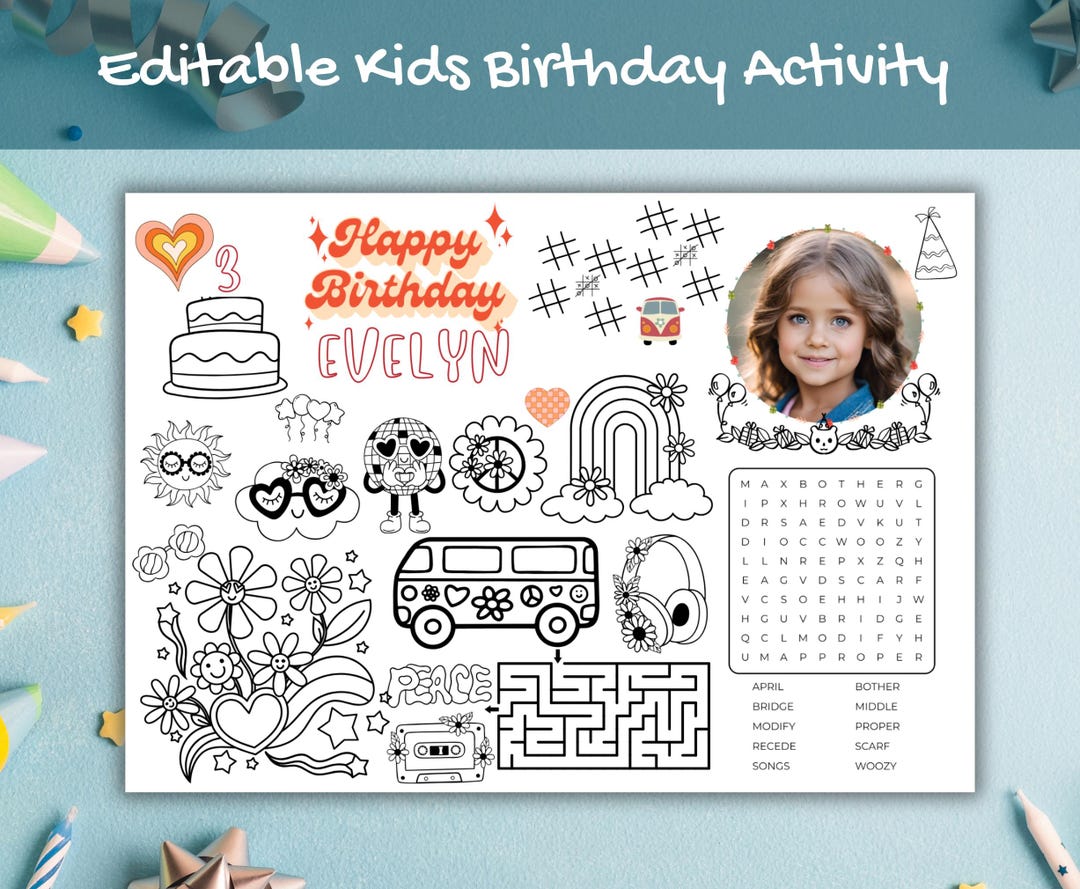 Groovy Personalized Birthday Party Coloring Activity Placemat, Custom ...