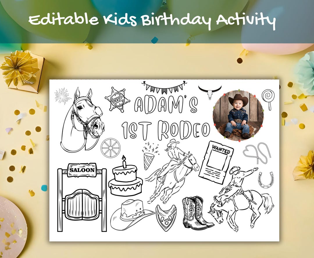 First Rodeo Coloring Sheet, Birthday Party Kids Name Activity Page ...