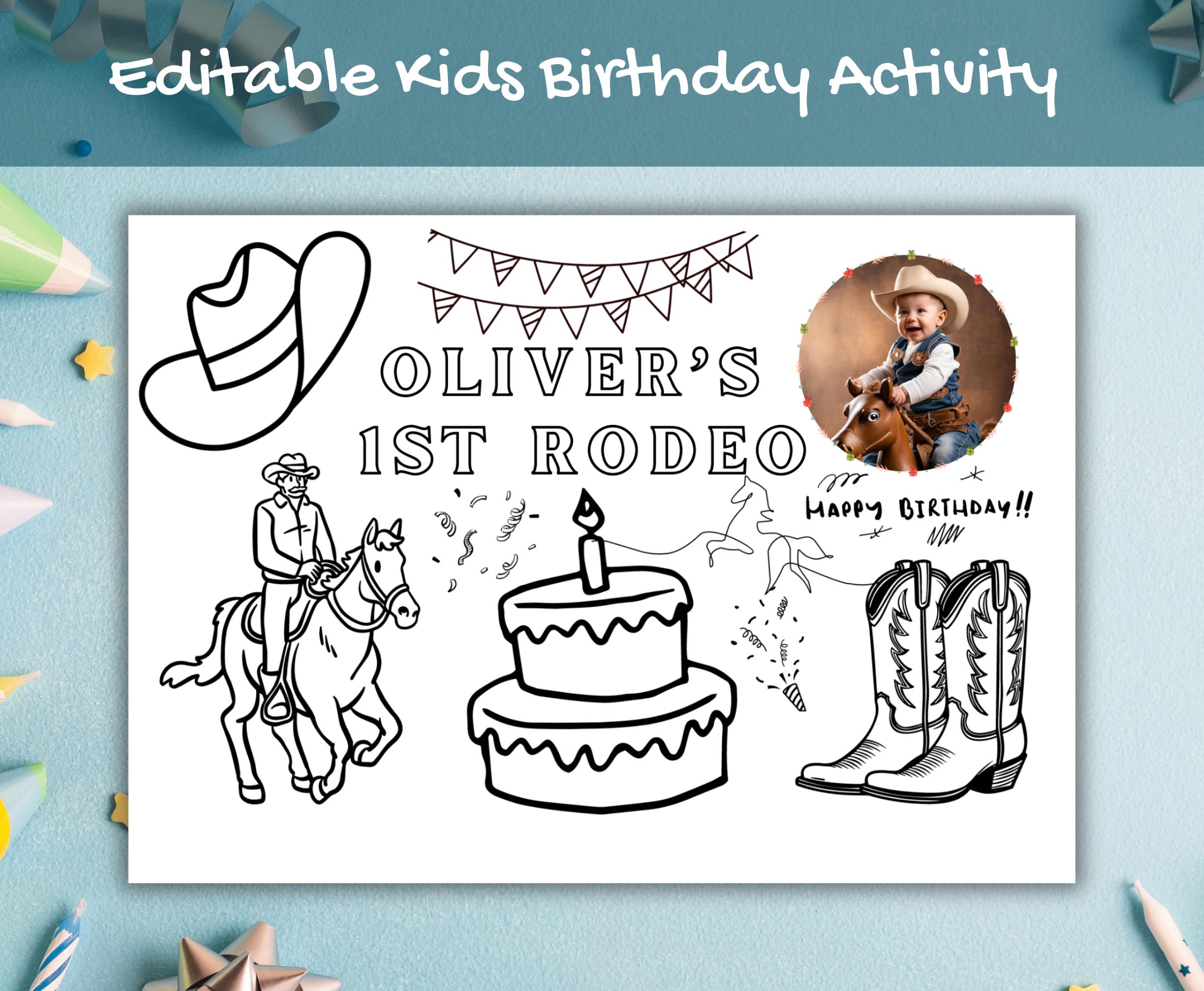First Rodeo Coloring Sheet, Birthday Party Kids Name Activity Page ...