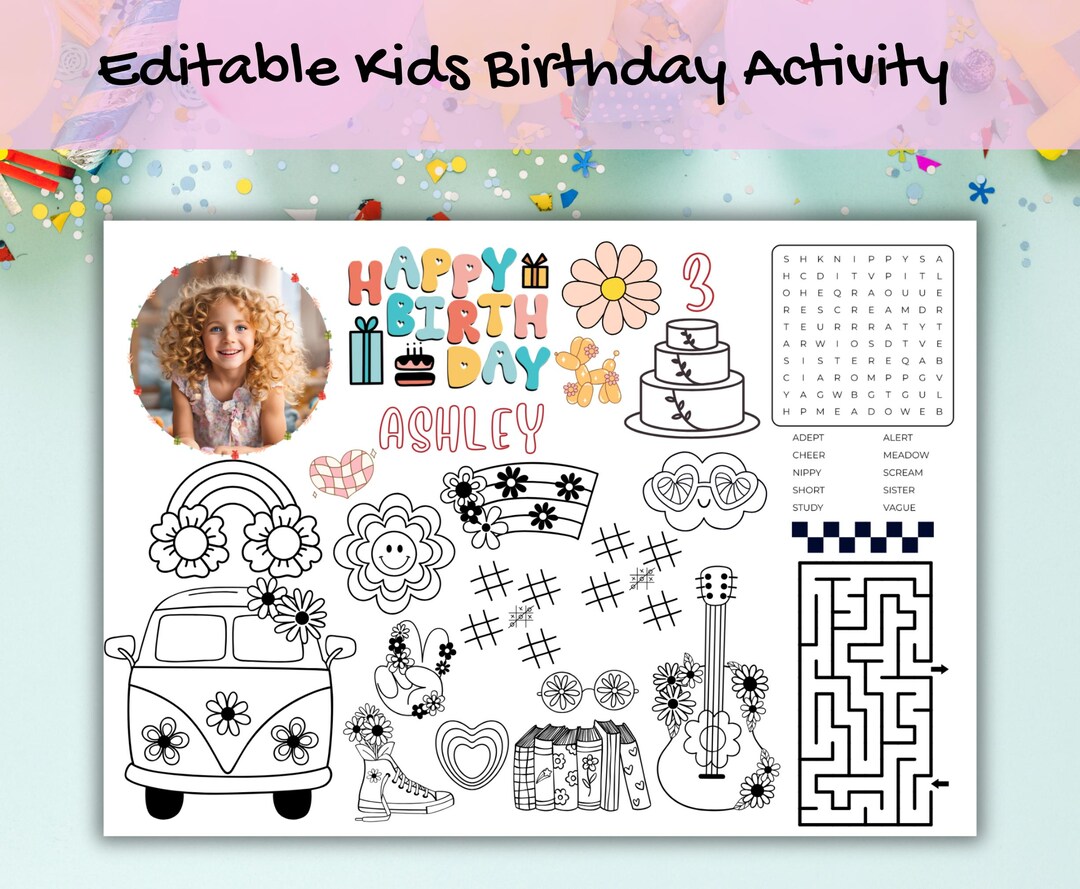 Groovy Kid Birthday Party Coloring Activity Placemat, Personalized Girl ...