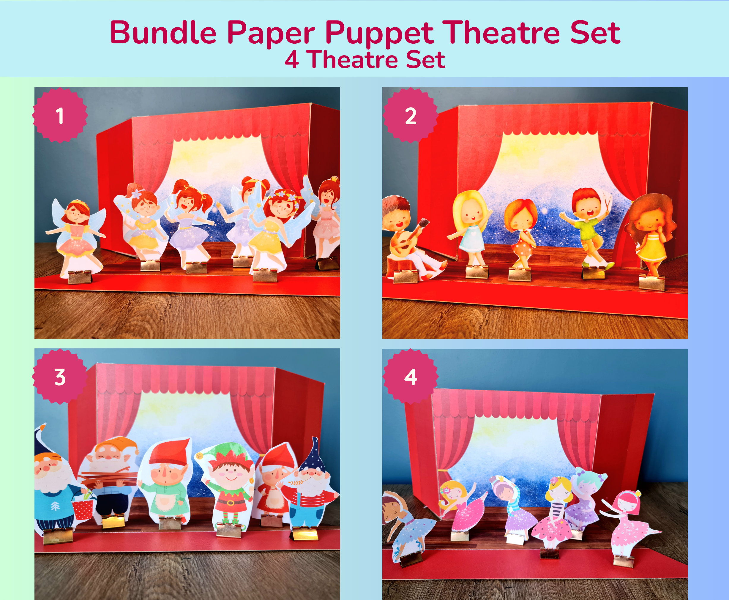 Bundle Paper Puppet Theatre Stage Paper Doll Set, Craft Stick Pretend ...