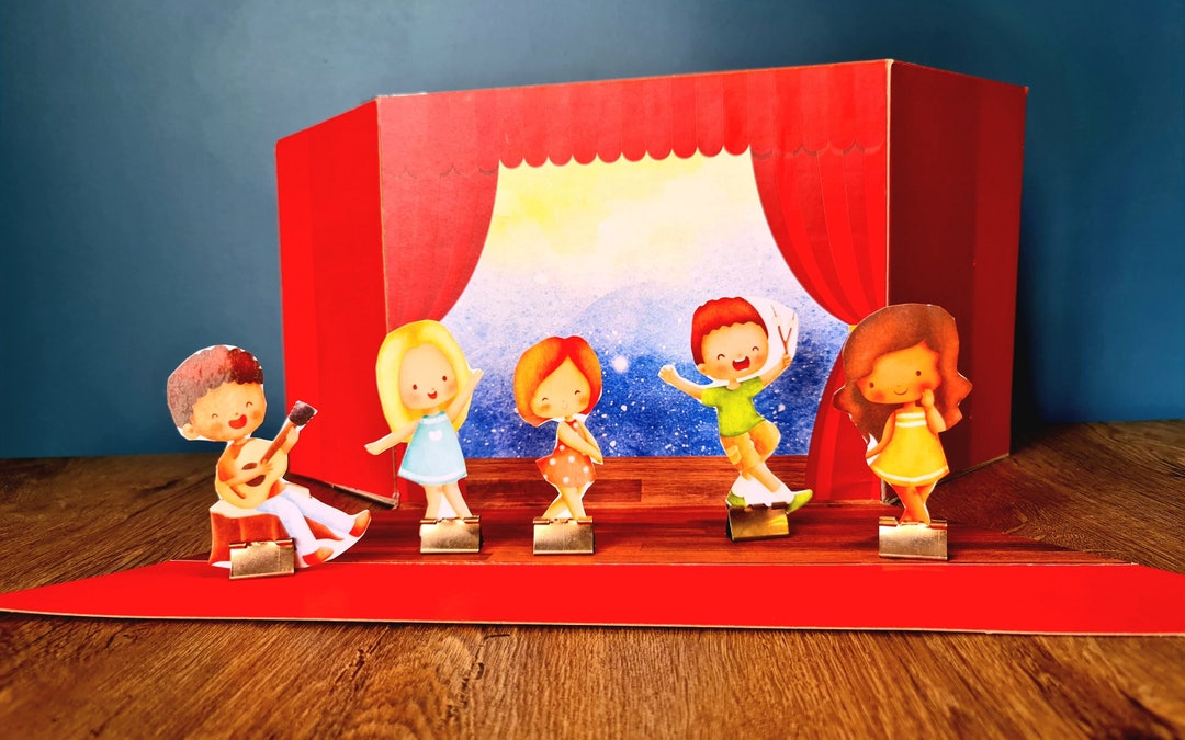 Kids Paper Puppet Theatre Stage Waldorf Toy, Craft Stick Pretend Play ...