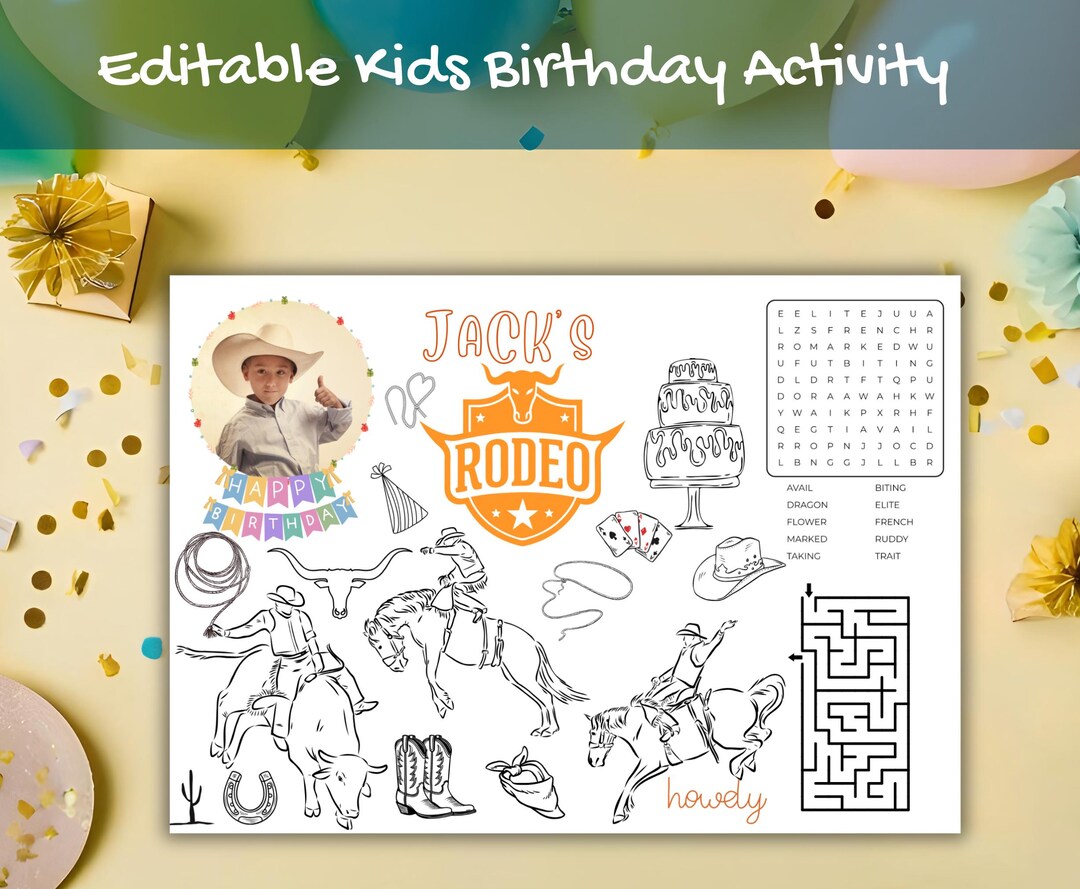 First Rodeo Coloring Sheet, Birthday Party Kids Name Activity Page ...