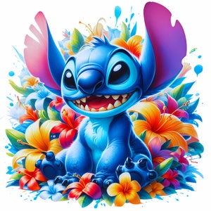 2 Stitch Between Flowers and Splash Watercolor Png Sublimation, Cartoon ...